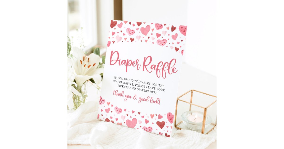 Pink Hearts Valentine Baby Shower Diaper Raffle Pedestal Sign | Zazzle