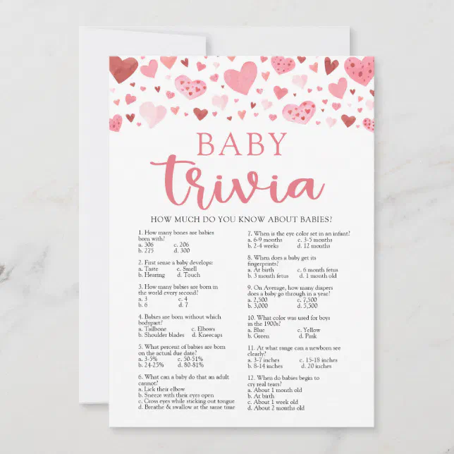 Pink Hearts Valentine Baby Trivia Baby Shower Game Invitation | Zazzle