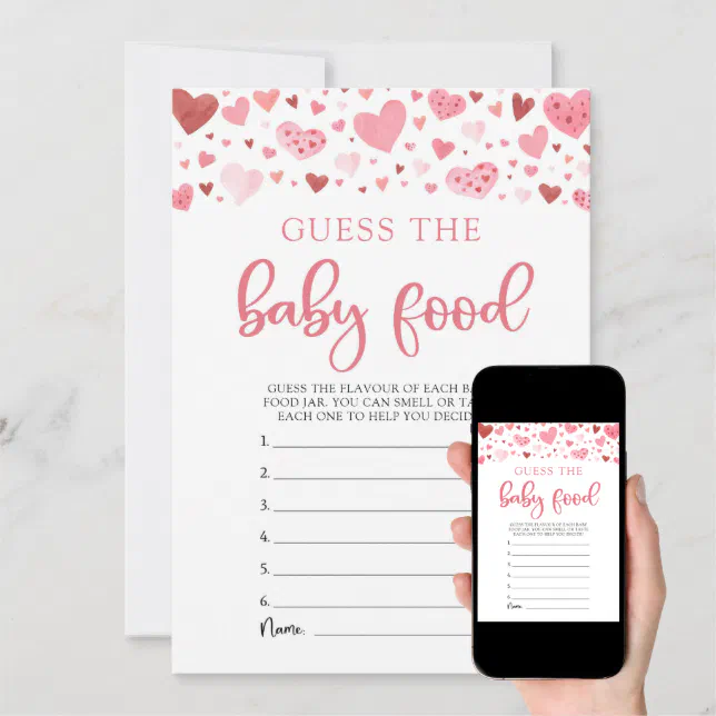 Pink Hearts Valentine Guess the Baby Food Game Invitation | Zazzle