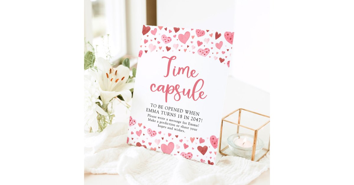 Pink Hearts Valentine Time Capsule Baby Shower Pedestal Sign | Zazzle
