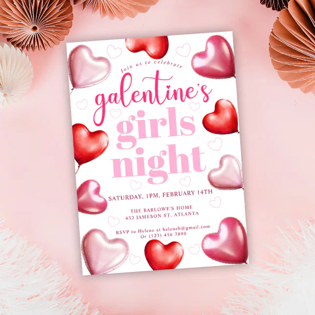 Pink Hearts Valentine's Galentine's Girls Night Invitation | Zazzle