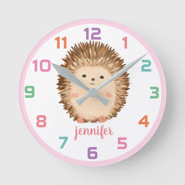 Pink Hedgehog Colorful Kids Wall Clock | Zazzle