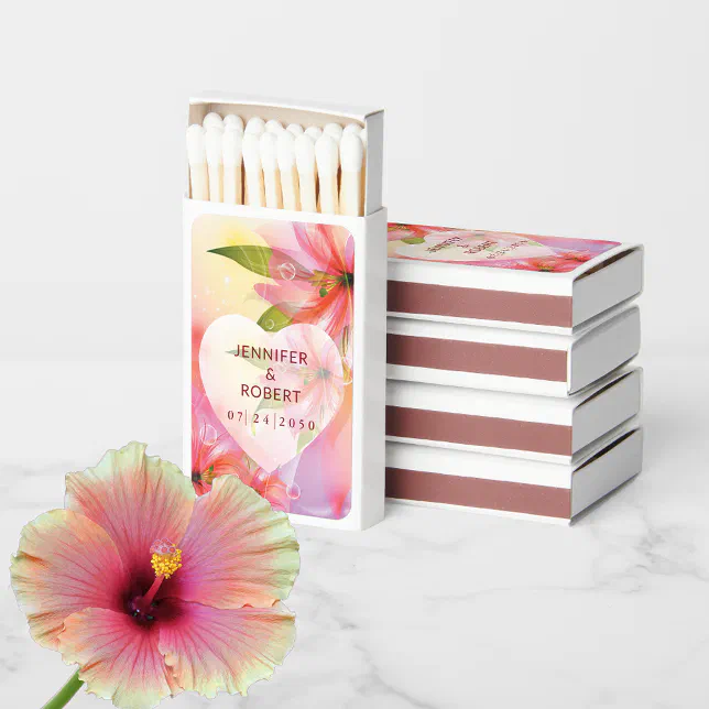 Pink Hibiscus Flower Wedding Floral Heart Dewdrop Matchboxes | Zazzle