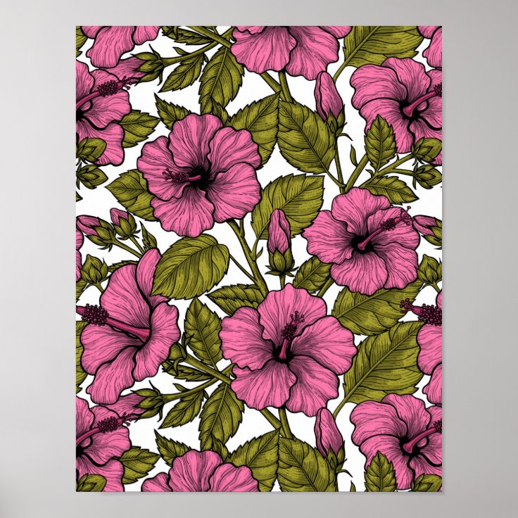 Pink hibiscus flowers poster | Zazzle