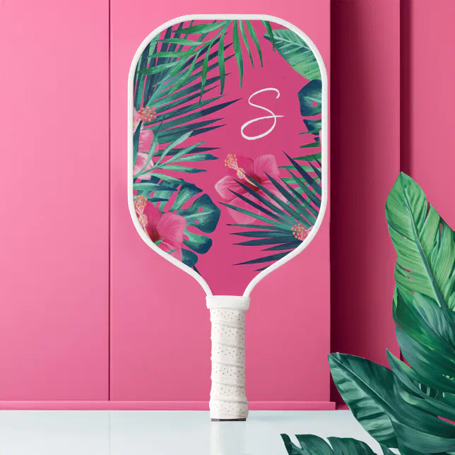 Pink Hibiscus Flowers Tropical Palm Leaf Monogram Pickleball Paddle ...