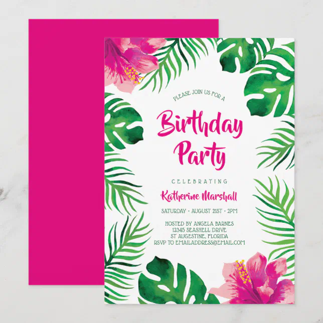 Pink Hibiscus Tropical Leaves Birthday Party Invitation | Zazzle