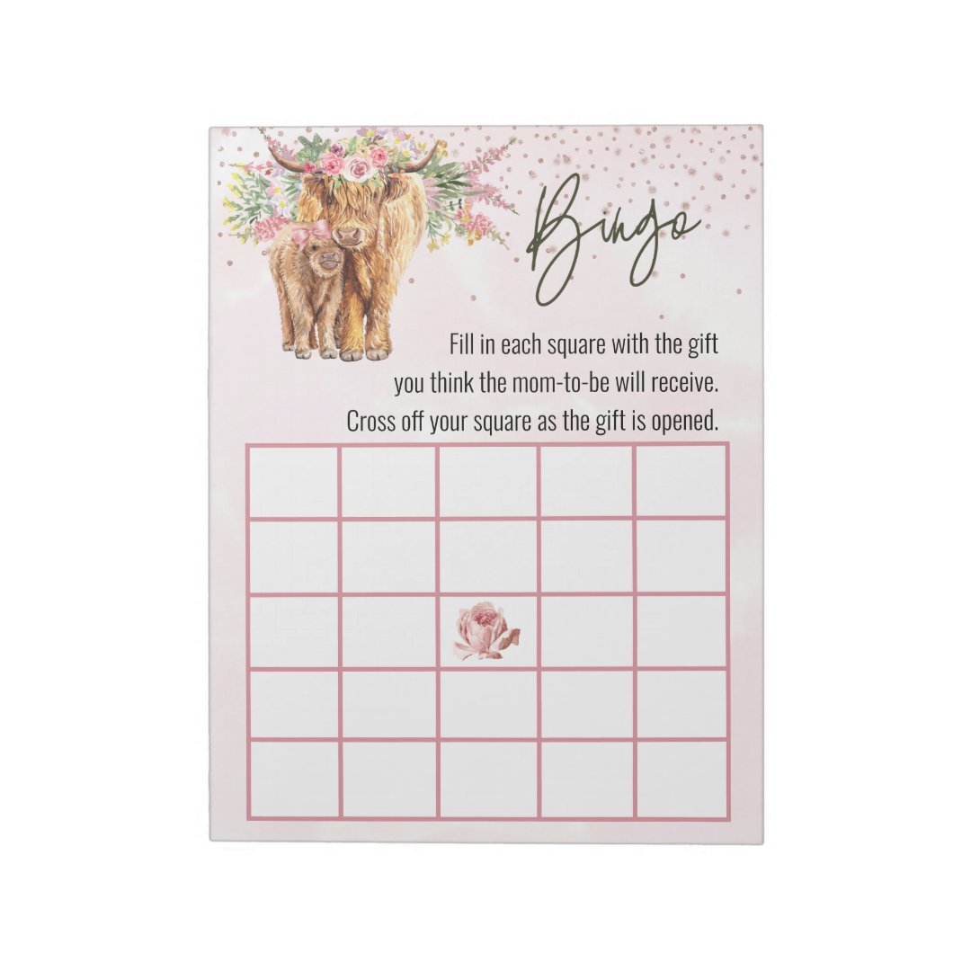 Pink Highland Cow Baby Shower Bingo Game Notepad | Zazzle