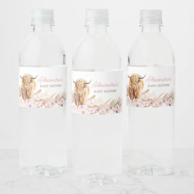 Pink Highland Cow Baby Shower Water Bottle Label | Zazzle