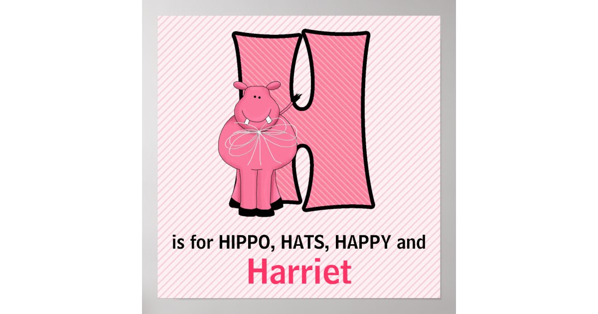 Pink Hippo Monogrammed Letter H Baby Room Poster | Zazzle