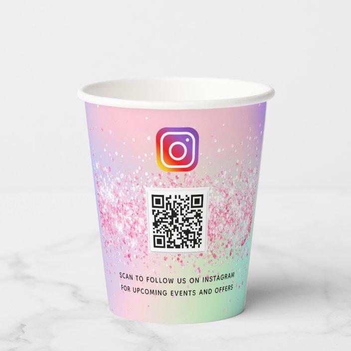 Pink holographic business logo qr code instagram paper cups | Zazzle.com
