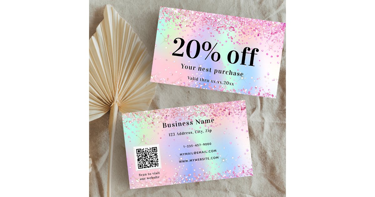 Pink holograpic purple sparkles qr code business discount card | Zazzle
