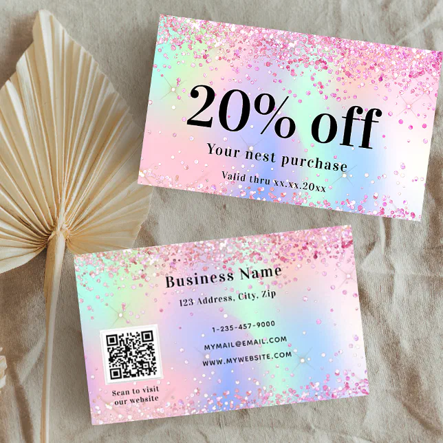 Pink holograpic purple sparkles qr code business discount card | Zazzle