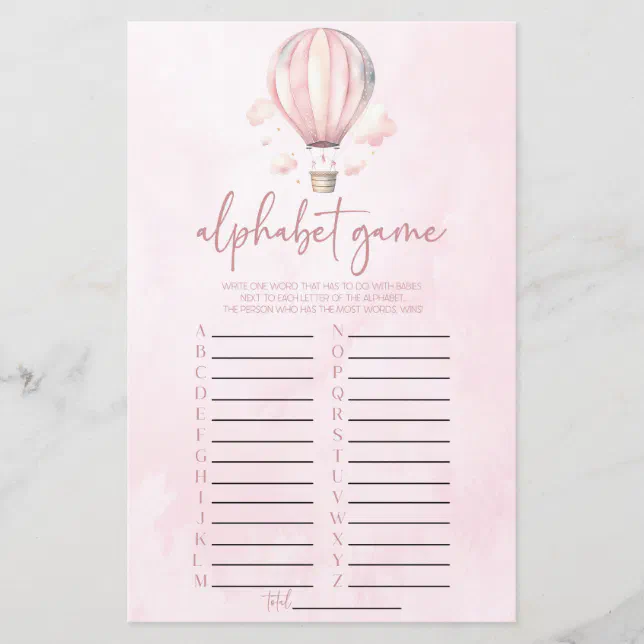 Pink Hot Air Balloon Alphabet Baby Shower Game | Zazzle