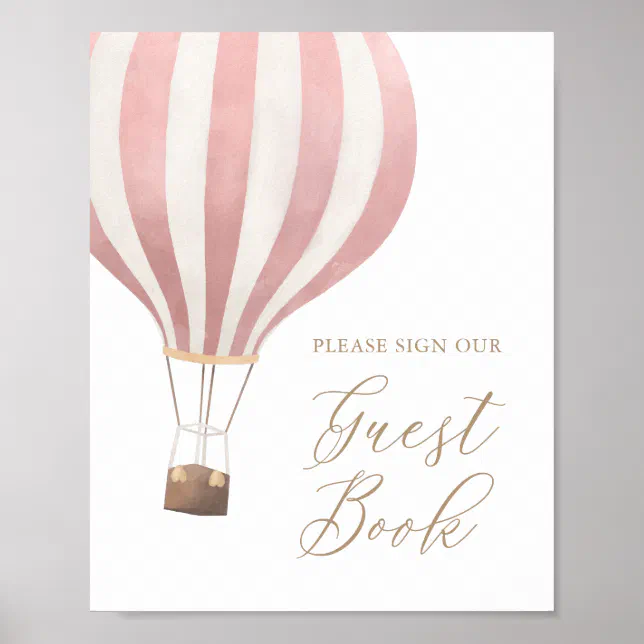 Pink Hot Air Balloon Baby Shower Guest Book Sign | Zazzle