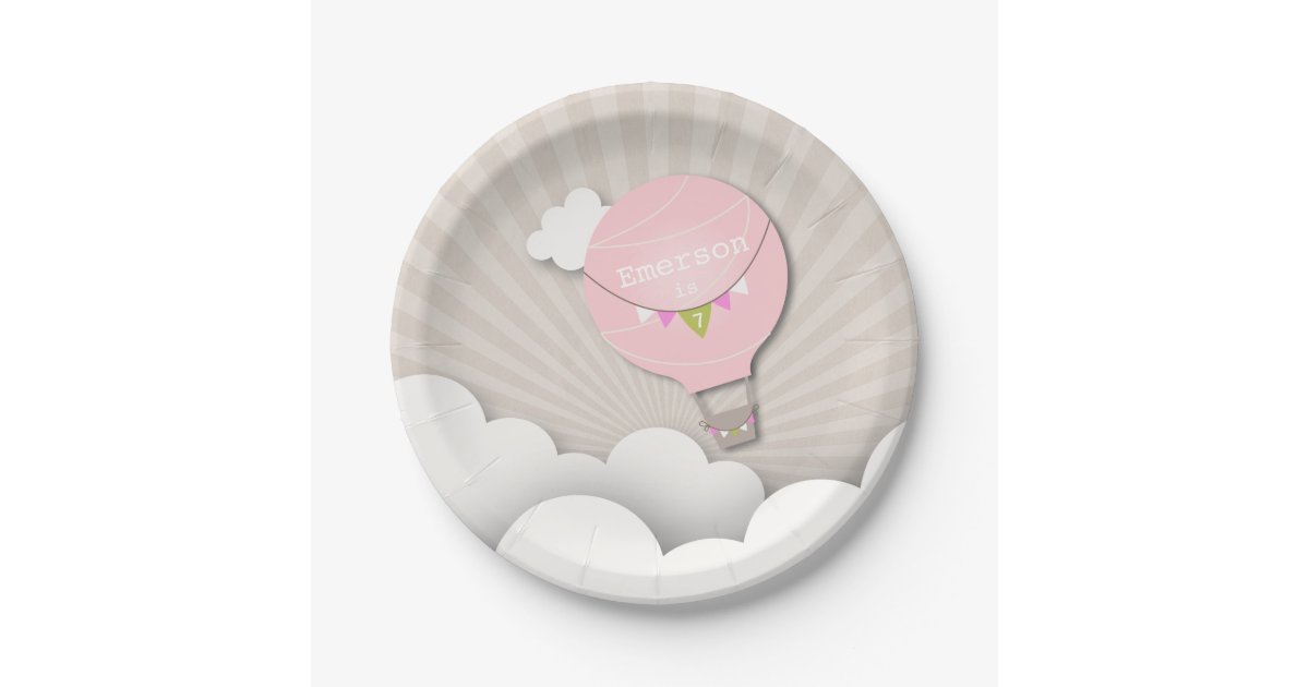 Pink Hot Air Balloon Birthday Paper Plates | Zazzle