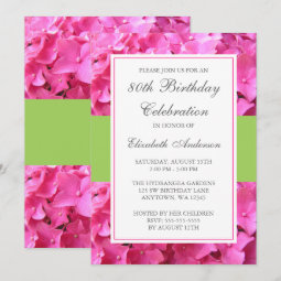 Pink Hydrangea Border Green 80th Birthday Party Invitation | Zazzle