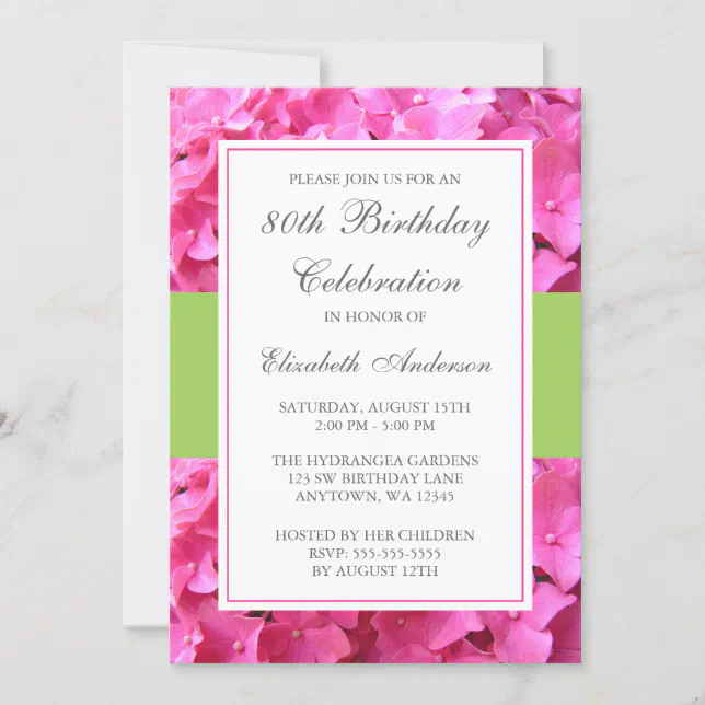 Pink Hydrangea Border Green 80th Birthday Party Invitation | Zazzle