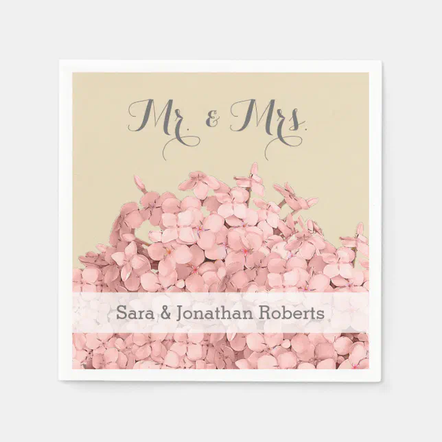 Pink Hydrangea on Khaki Personalized Wedding Paper Napkins | Zazzle