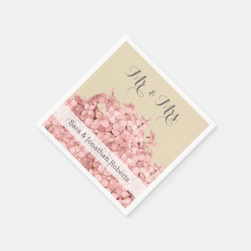 Pink Hydrangea on Khaki Personalized Wedding Paper Napkins | Zazzle