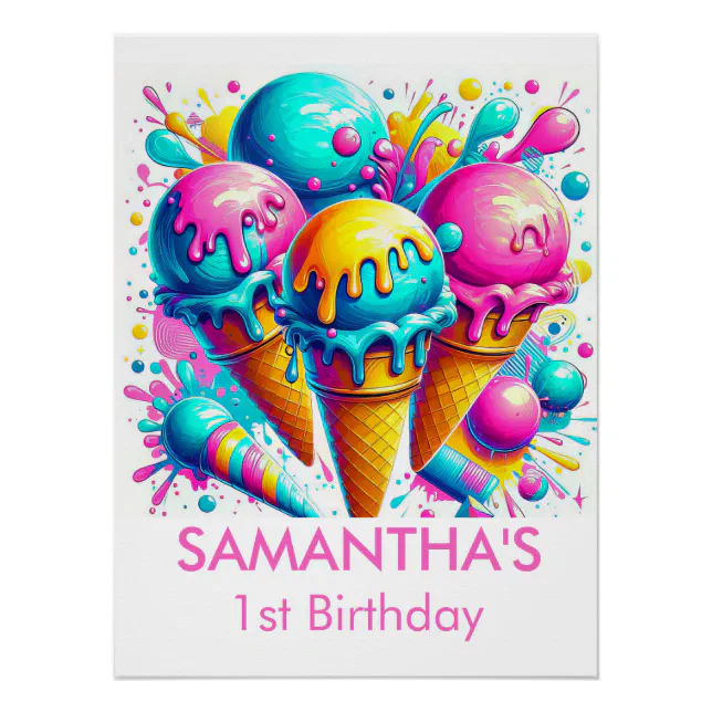 Pink ice cream birthday party Glossy Poster | Zazzle