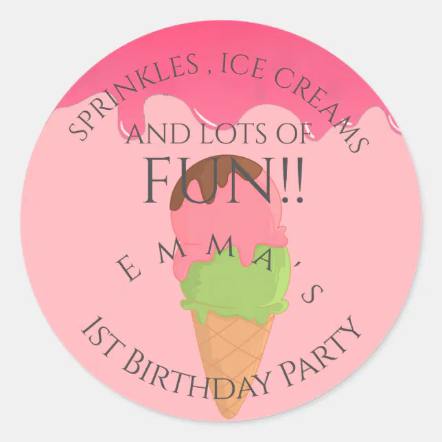 Pink Ice Cream Themed Girl's First Birthday Party Classic Round Sticker ...