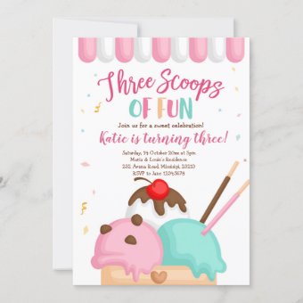 Pink Ice cream three scoops of fun birthday Invitation | Zazzle