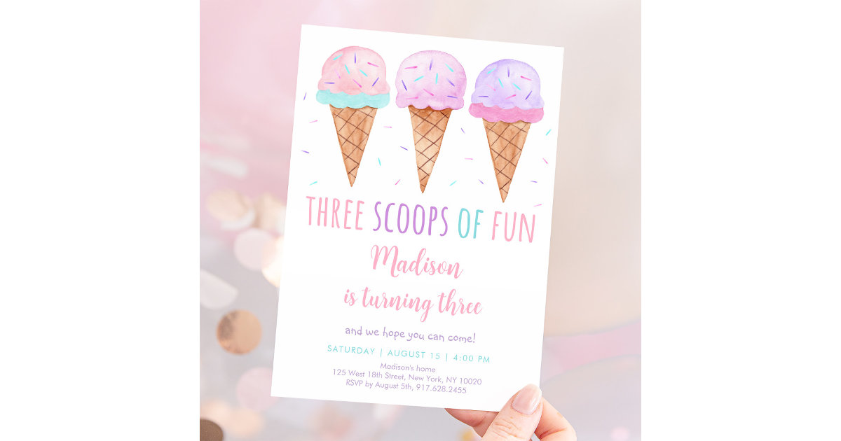 Pink Ice Cream Three Scoops of Fun Birthday Invitation | Zazzle