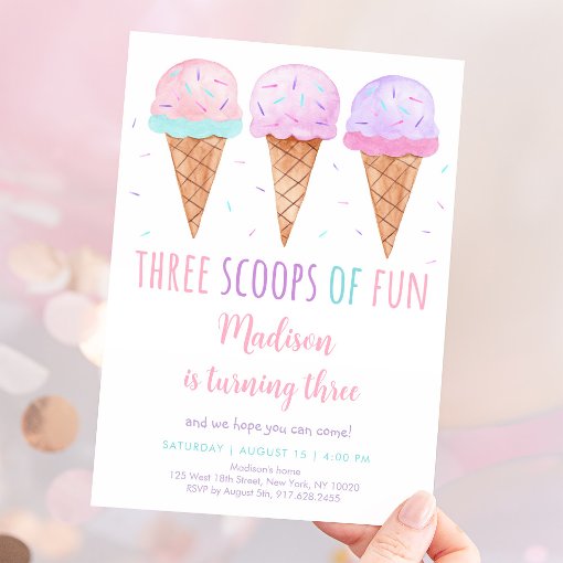 Pink Ice Cream Three Scoops Of Fun Birthday Invitation Zazzle