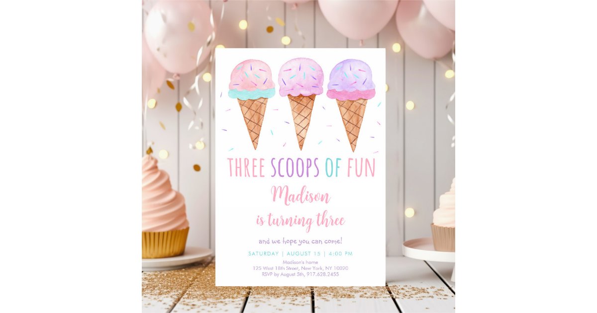 Pink Ice Cream Three Scoops Of Fun Birthday Invitation Zazzle