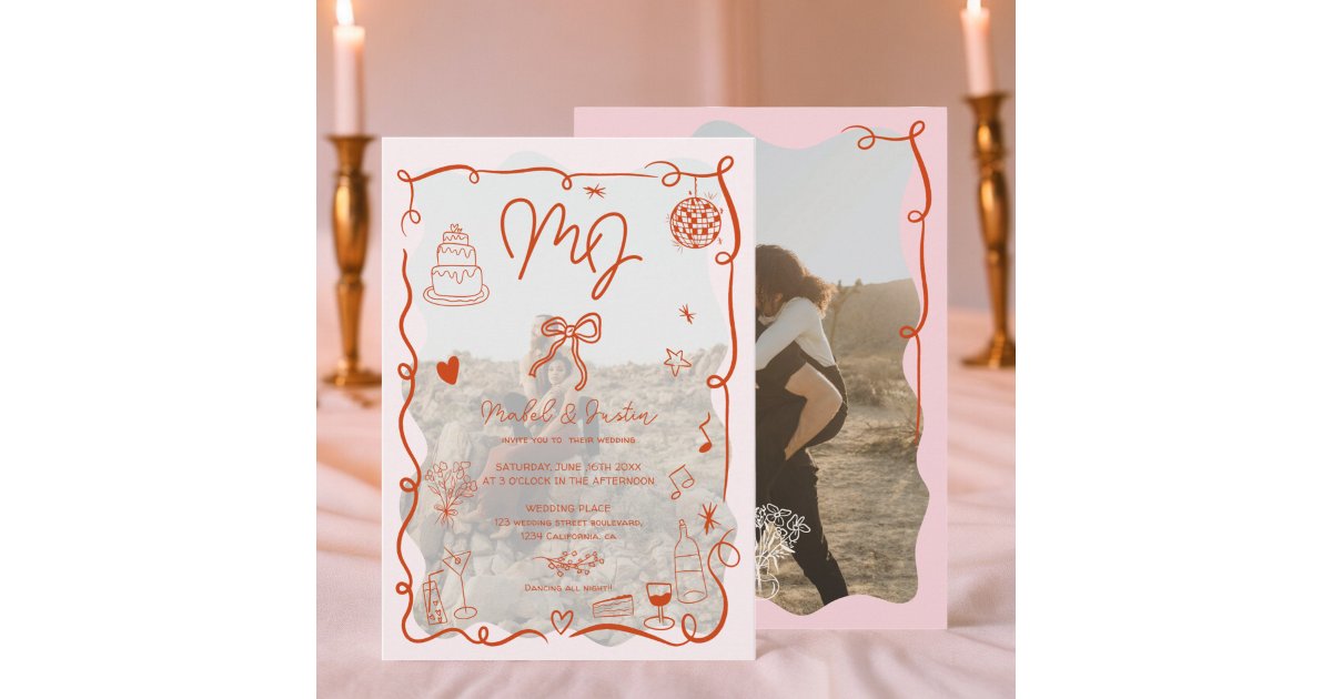 Pink initials handdrawn illustrated photos wedding invitation | Zazzle