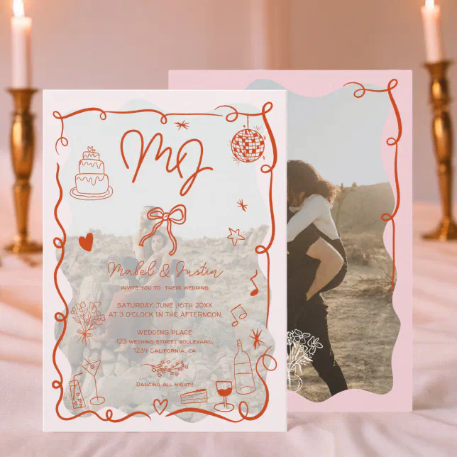 Pink initials handdrawn illustrated photos wedding invitation | Zazzle