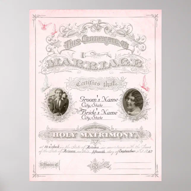 Pink & Ivory Butterfly Marriage Certificate Poster | Zazzle
