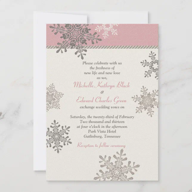 Pink Ivory Snowflake Winter Wedding Invitation | Zazzle