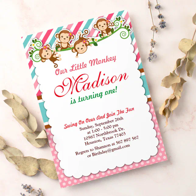 Pink Jungle Monkey Safari Animal Birthday Invitation | Zazzle