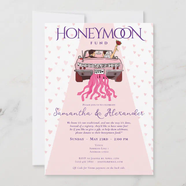 Pink Just Married Honeymoon Fund Couples Shower Invitation | Zazzle