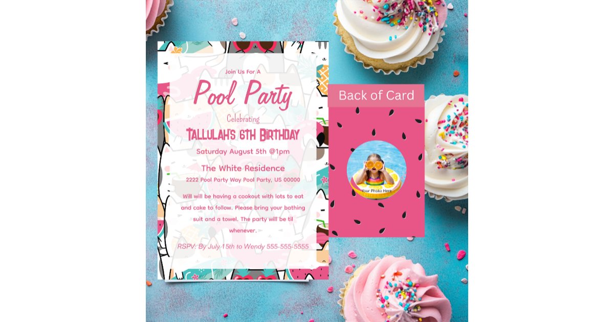 Pink Kawaii Cats Pool Party Birthday Invitations | Zazzle