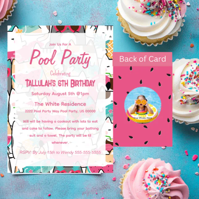 Pink Kawaii Cats Pool Party Birthday Invitations | Zazzle