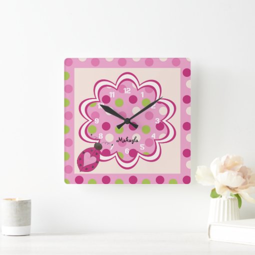 Pink Ladybug on Polka Dots Nursery Wall Clock | Zazzle