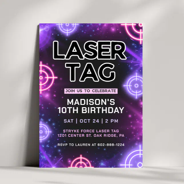 Pink Laser Tag Glow Birthday Invitation | Zazzle