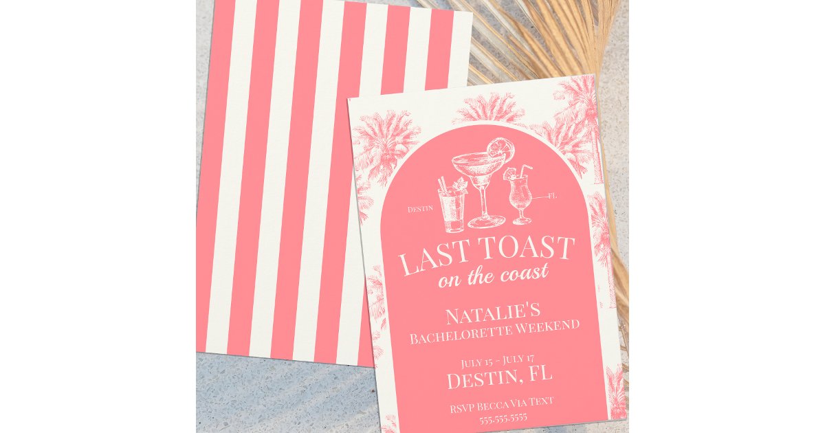 Pink Last Toast On The Coast Coastal Bachelorette Invitation | Zazzle
