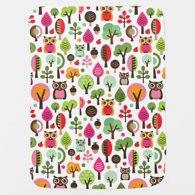 pink leaf tree retro owl pattern receiving blanket | Zazzle