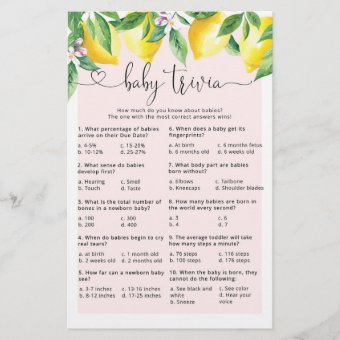 Pink lemon Baby trivia baby shower game | Zazzle