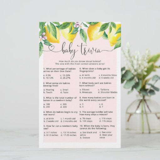 Pink lemon Baby trivia baby shower game | Zazzle
