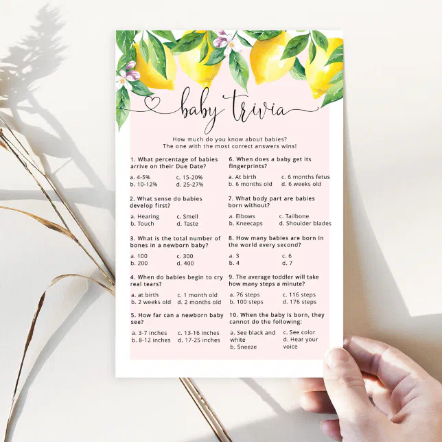 Pink lemon Baby trivia baby shower game | Zazzle