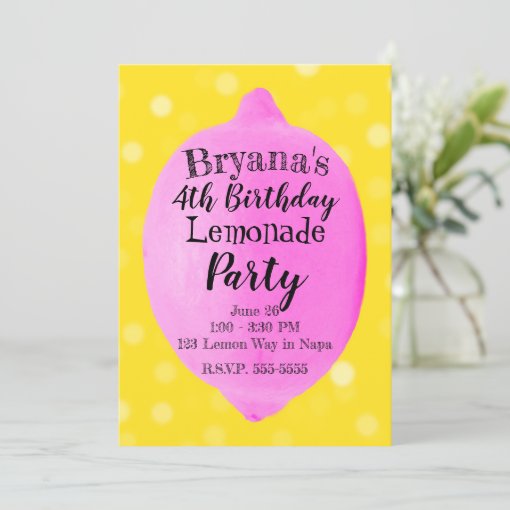 Pink Lemon Lemonade Yellow Birthday Party Invitation | Zazzle
