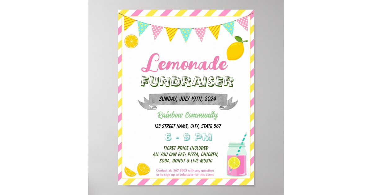 Pink lemonade fundraiser event template poster | Zazzle