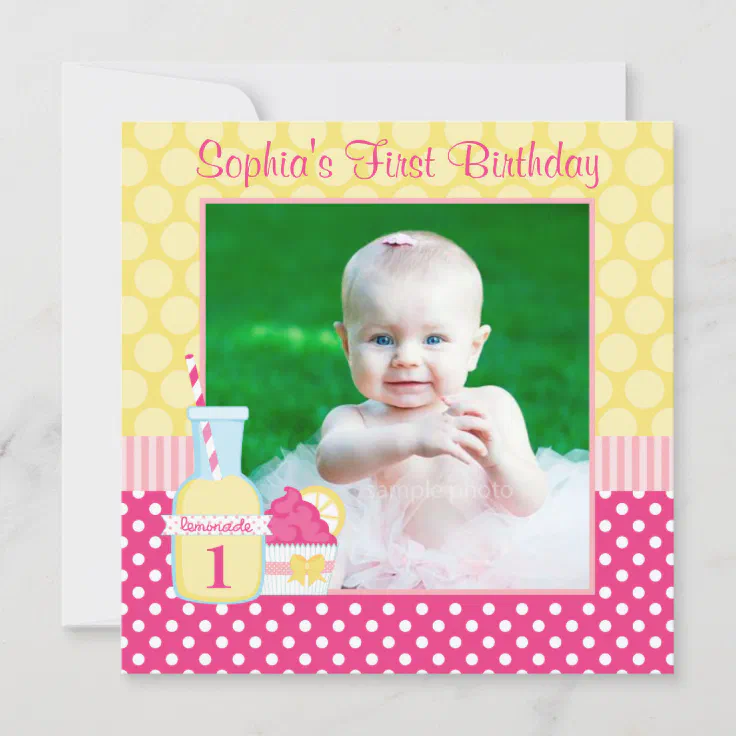 Pink Lemonade Polka Dot 1st Birthday Photo Invitation | Zazzle