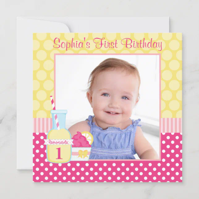 Pink Lemonade Polka Dot 1st Birthday Photo Invitation | Zazzle