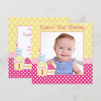 Pink Lemonade Polka Dot 1st Birthday Photo Invitation | Zazzle