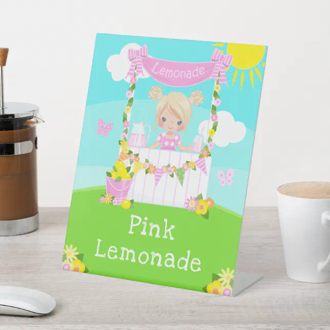 Pink Lemonade Stand Birthday Blonde Hair Girl Pedestal Sign | Zazzle